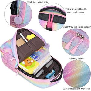 Girls Backpack Rainbow Glitter Kids School Bookbag 3 in 1 Set School Bag with Lunch Bag Pencil Case