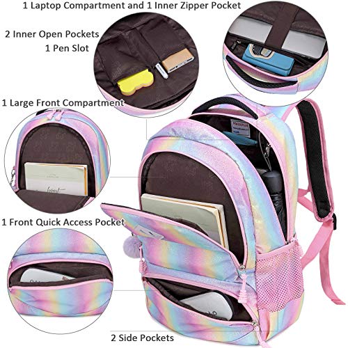 Girls Backpack Rainbow Glitter Kids School Bookbag 3 in 1 Set School Bag with Lunch Bag Pencil Case