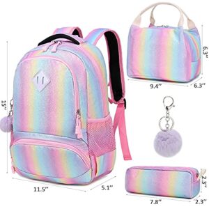 Girls Backpack Rainbow Glitter Kids School Bookbag 3 in 1 Set School Bag with Lunch Bag Pencil Case