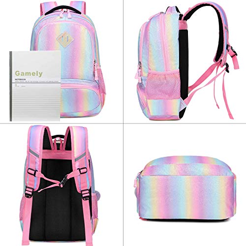 Girls Backpack Rainbow Glitter Kids School Bookbag 3 in 1 Set School Bag with Lunch Bag Pencil Case