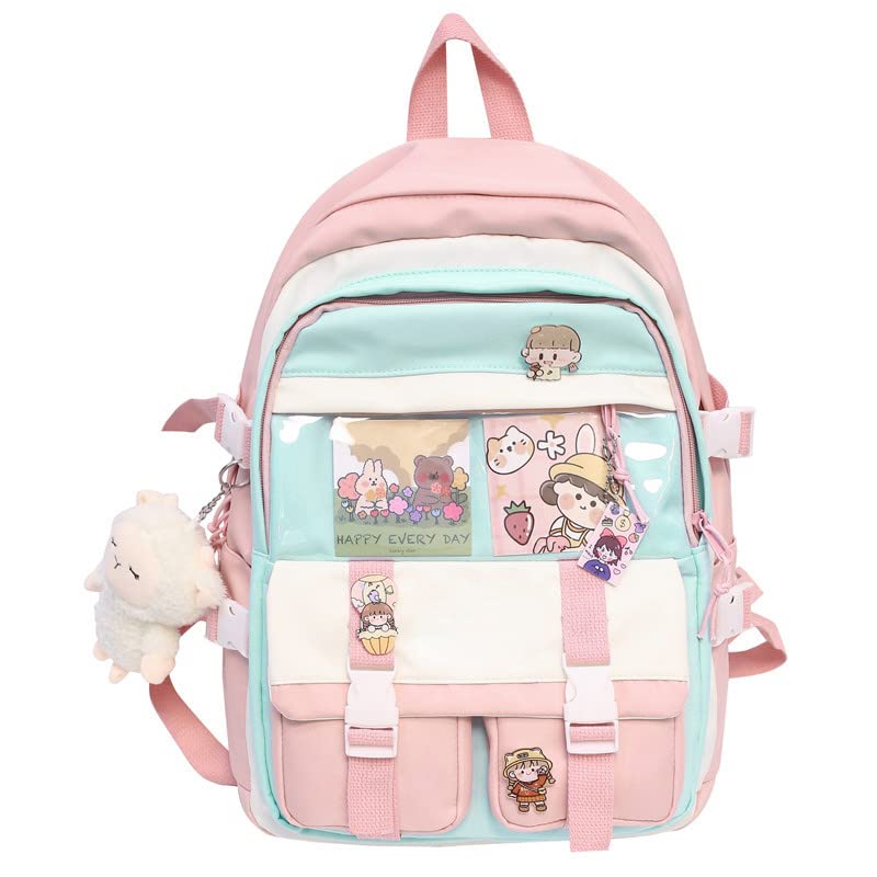 KOWVOWZ Lovely Kawaii Backpack for Teen Girls Back to School Aesthetic Student Bookbag withi Pin & Cute Accessories (Pink)