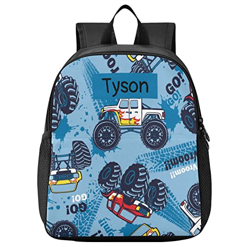 Naanle Custom Kid Backpack with Name Monster Truck Cars Backpacks Boys Girls Baby Rucksack for Preschool Kindergarten