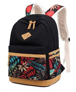 luckyz women casual backpack lightweight school bookbag canvas leather daykpack cute printng travel shoulder rucksacck leaf black medium