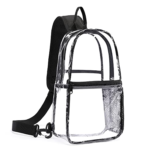 Clear Sling Bag Stadium Approved, Heavy Duty Small Clear Backpack, Clear Crossbody Bag (Black 1)