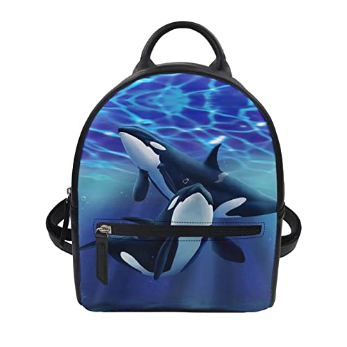 Showudesigns Killer Whale Backpack with Zipper and Adjustable Straps Mini Purse Shoulder Bags Casual Handbag Daypack Tote Bags for Travel Beach Cute Orca Blue