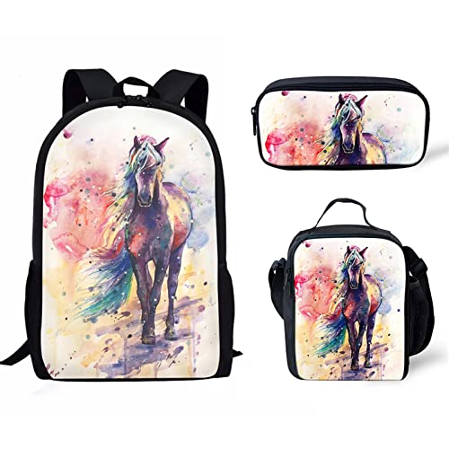 Buybai Boys Girls Backpack Set with Lunch Bag + Pencil Bags Holder for Elementary Kids School Bag Children Teens Bookbag Watercolor Horse Printed Schoolbag 3 in 1