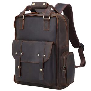 tiding full grain leather backpack 15.6 inch laptop bag retro school travel office daypack for men