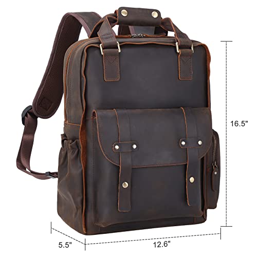 TIDING Full Grain Leather Backpack 15.6 Inch Laptop Bag Retro School Travel Office Daypack for Men