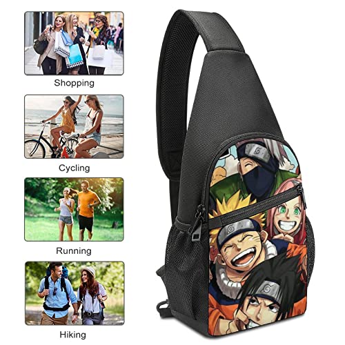 Small Sling Crossbody Bag Anime Printing Multifunction Chest Shoulder Bag Waterproof Hiking Travel Bag with Adjustable Strap for Women Men (Black)