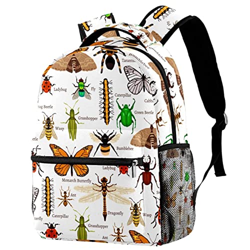 Natural Insects Butterfly Ladybug Bee Firebug Ant Spider Large Backpack for Boys Girls SchoolBag with Multiple Pockets Canvas