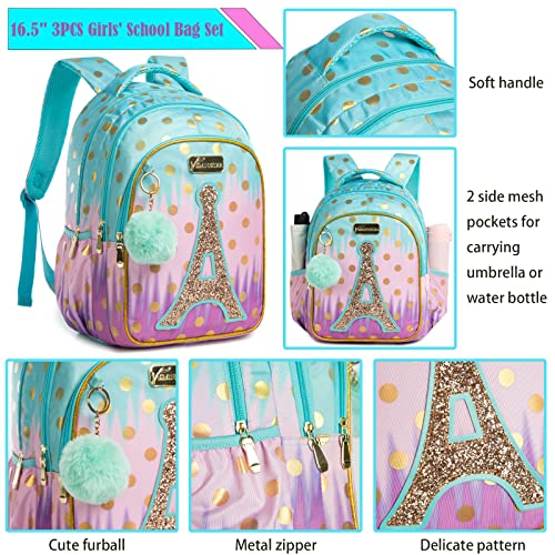 Egchescebo Girls Tower Reversible Sequin Backpack Set Magic Glitter Lightweight School Bookbag for Girls Kids Bling School Backpack 16" 3PCS Black Backpack with Lunch Box Set Blue