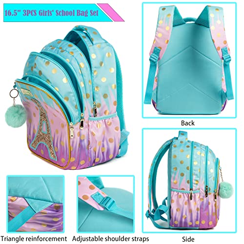 Egchescebo Girls Tower Reversible Sequin Backpack Set Magic Glitter Lightweight School Bookbag for Girls Kids Bling School Backpack 16" 3PCS Black Backpack with Lunch Box Set Blue