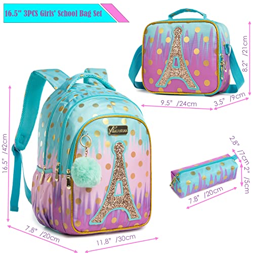 Egchescebo Girls Tower Reversible Sequin Backpack Set Magic Glitter Lightweight School Bookbag for Girls Kids Bling School Backpack 16" 3PCS Black Backpack with Lunch Box Set Blue