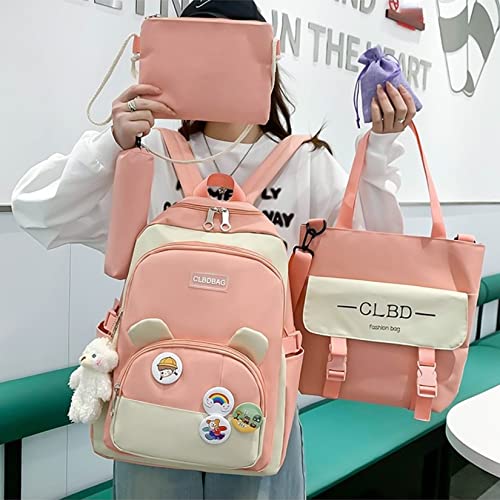 AONUOWE Kawaii Backpack Combo Set with Bear Pendant Shoulder Bag Pencil Case Teenager College Student Schoolbag Aesthetic Bookbag (Pink)