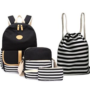 bagtop school backpack set – canvas teen girls bookbags 15″ laptop backpack + lunch bags + drawstring backpack + pen case bags set (black-3)