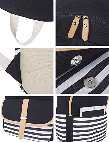 BAGTOP School Backpack Set - Canvas Teen Girls Bookbags 15" Laptop Backpack + Lunch Bags + Drawstring Backpack + Pen Case Bags Set (Black-3)