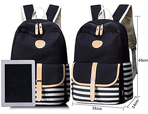 BAGTOP School Backpack Set - Canvas Teen Girls Bookbags 15" Laptop Backpack + Lunch Bags + Drawstring Backpack + Pen Case Bags Set (Black-3)