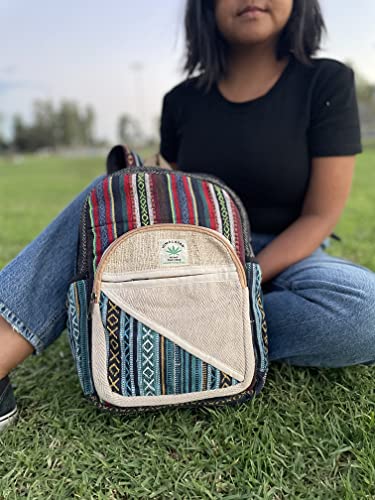 13" Medium hemp backpack, cotton stripe backpack, himalayan hemp backpack, hiking backpack, fair trade bag, free spirit bag, hippie bag, nepali bag, boho bag