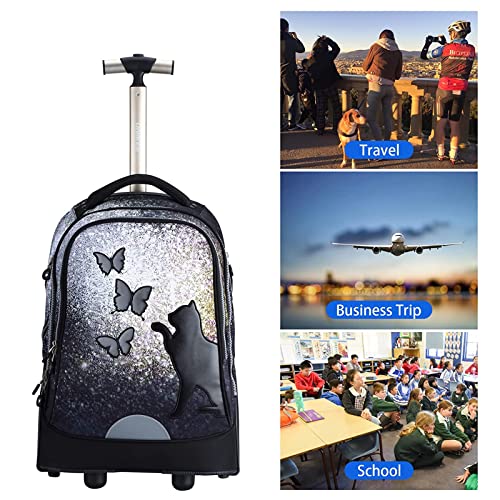 UNIKER Rolling Laptop Bag for 14 Inch Laptop,19 Inch Roller Bookbag for Teens,Roller Travel Bag,Suitcase on Wheels,Wheeled Bookbag,Trolley School Bag,Schoolbag with Wheels Black Cat Butterfly…