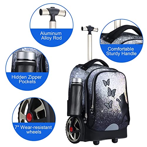 UNIKER Rolling Laptop Bag for 14 Inch Laptop,19 Inch Roller Bookbag for Teens,Roller Travel Bag,Suitcase on Wheels,Wheeled Bookbag,Trolley School Bag,Schoolbag with Wheels Black Cat Butterfly…