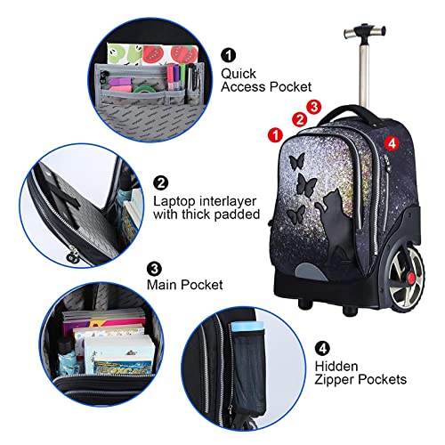 UNIKER Rolling Laptop Bag for 14 Inch Laptop,19 Inch Roller Bookbag for Teens,Roller Travel Bag,Suitcase on Wheels,Wheeled Bookbag,Trolley School Bag,Schoolbag with Wheels Black Cat Butterfly…