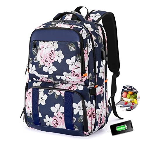 Lunch Backpack, Insulated Cooler Backpack for Women Laptop Backpack with USB Port, 15.6 Inch Laptop Bookbag Waterproof Backpack Food Bag for Work Beach Camping Picnics Hiking Travel Blue Flower