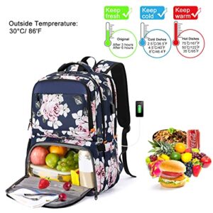 Lunch Backpack, Insulated Cooler Backpack for Women Laptop Backpack with USB Port, 15.6 Inch Laptop Bookbag Waterproof Backpack Food Bag for Work Beach Camping Picnics Hiking Travel Blue Flower