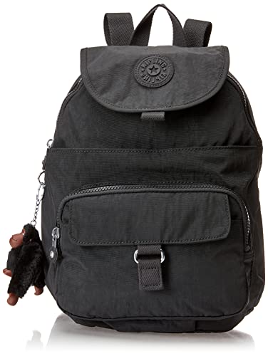 Kipling Girls' Women's Queenie, Adjustable Backpack Straps, Monkey Keychain, Key Clasp, Top Carry Handle, Black Tonal, 10" L x 13.25" H x 6.25" D