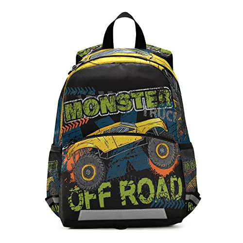 Glaphy Monster Truck Car Yellow Kids Toddler Backpack for Boys Girls, Children Bag Preschool Bookbag with Chest Strap for Daycare Kindergarten Travel