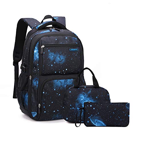 Boys Backpacks Primary Junior High School Bag Kids Bookbag 3 in 1 Casual Daypack Set Fashion Space Galaxy Printed Durable Knapsack with Lunch Bag