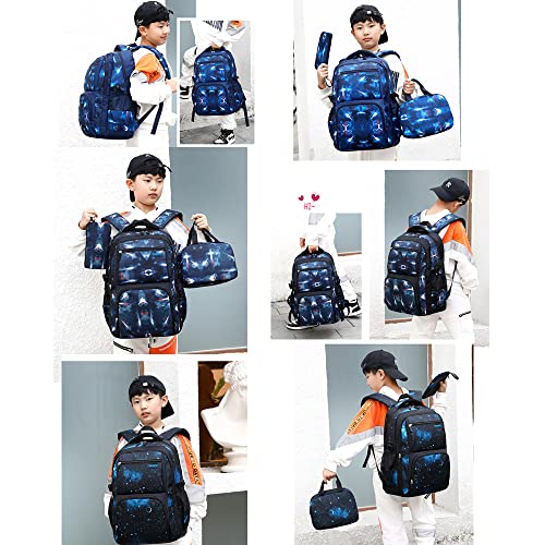 Boys Backpacks Primary Junior High School Bag Kids Bookbag 3 in 1 Casual Daypack Set Fashion Space Galaxy Printed Durable Knapsack with Lunch Bag