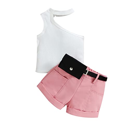 Yunfanda Toddler Girl Kids Shorts Outfit One Shoulder Ruffle Crop Tops + Pants 2Pcs Summer Clothes Set (White Tops+Pink Shorts, 4-5T),JX-F002