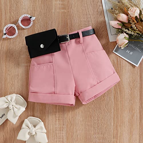 Yunfanda Toddler Girl Kids Shorts Outfit One Shoulder Ruffle Crop Tops + Pants 2Pcs Summer Clothes Set (White Tops+Pink Shorts, 4-5T),JX-F002