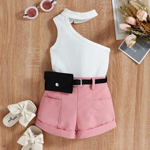 Yunfanda Toddler Girl Kids Shorts Outfit One Shoulder Ruffle Crop Tops + Pants 2Pcs Summer Clothes Set (White Tops+Pink Shorts, 4-5T),JX-F002