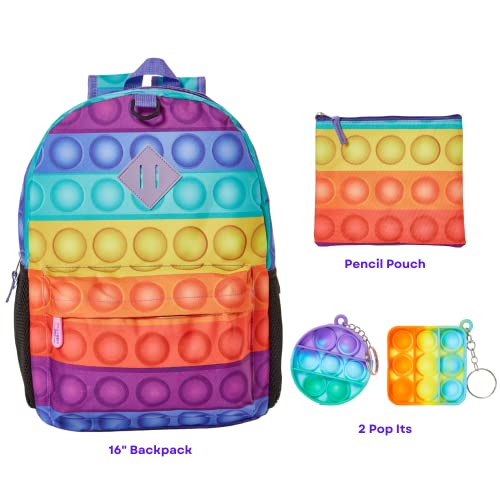 RALME Printed Fidget Popper Backpack Set for Kids with Pop It Keychain Bubble Poppers and Pencil Case