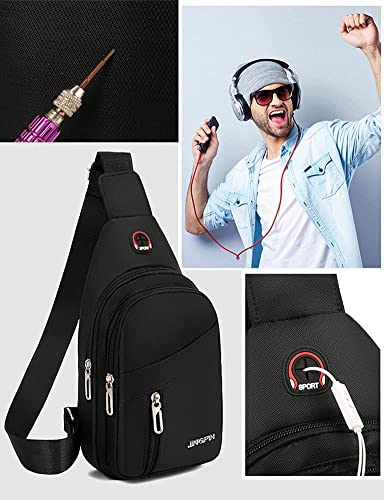 YERCHIC Small Sling Bag for Men Crossbody One Strap Casual Daypack Bag with Earphone Hole for Travel Outdoor Sports (Black)