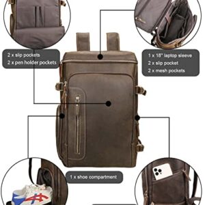 Lannsyne Vintage Full Grain Genuine Leather Backpack 18" Laptop Bag with Shoe Compartment Casual Travel Daypack Brown