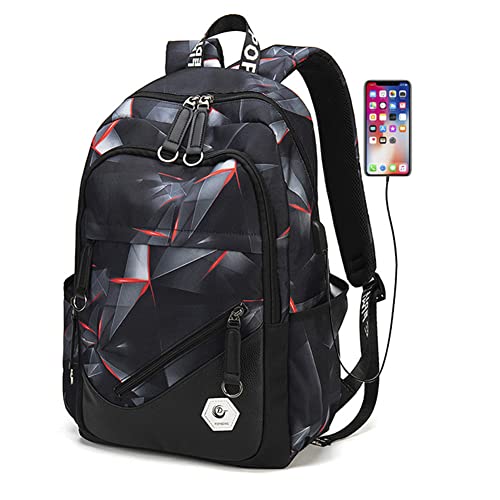 ETAISHOW Geometric-Print Kids School Bag Backpack for Boys Elementary Middle High Bookbag Back Pack for Teens Black Red