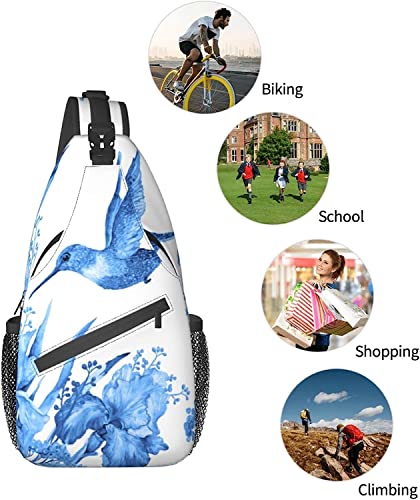 Sling Bag Blue Iris Flower Hummingbird Hiking Daypack Crossbody Shoulder Backpack Travel Chest Pack for Men Women