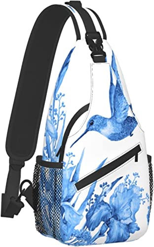 Sling Bag Blue Iris Flower Hummingbird Hiking Daypack Crossbody Shoulder Backpack Travel Chest Pack for Men Women