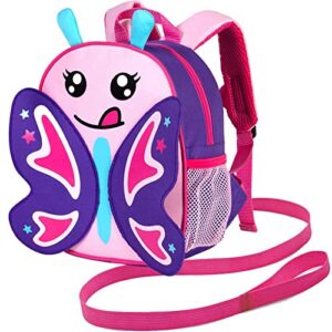 agsdon toddler backpack with leash, 9.5″ kids butterfly safety leashes removable tether bookbag