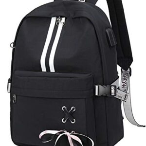 Mairle 17.3 inch Casual Laptop Backpack Anti Theft Schoolbag Daypack Ribbon Decorate School Bag with USB Charging Port for Teen Girls Women, Black