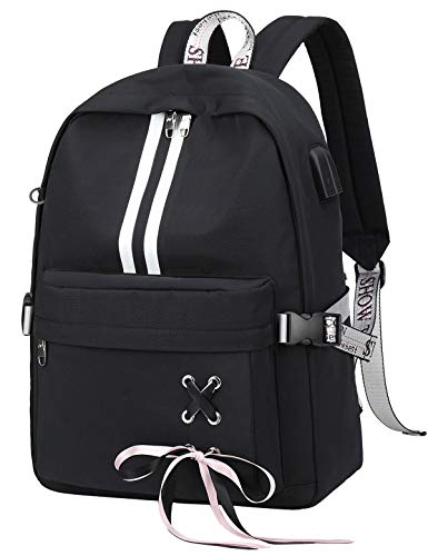 Mairle 17.3 inch Casual Laptop Backpack Anti Theft Schoolbag Daypack Ribbon Decorate School Bag with USB Charging Port for Teen Girls Women, Black