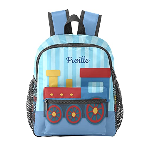 SunFancy Train Blue Strips Personalized School Backpack for Kid-Boy /Girl Toddler Daypack Kindergarten Travel Bookbag, 10''(L) x 4''(W) x 12''(H) (K10255)