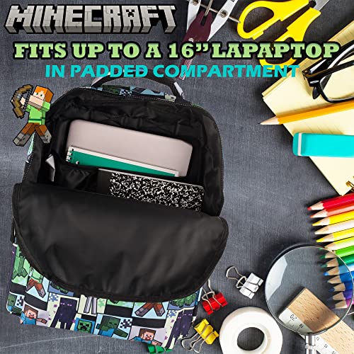 AI ACCESSORY INNOVATIONS Minecraft Backpack for Boys & Girls, School Bag with Front Pocket, Allover Character Print Gaming Bookbag with Adjustable Padded Mesh Straps, Padded Top Handle, 16 Inches