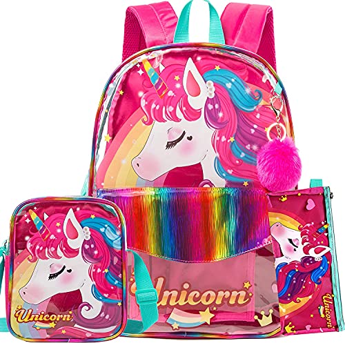 School Kids Unicorn Clear Backpack for Girls Heavy Duty PVC Transparent Backpacks See Through 16" Preschool Bag with Crossbody Bag Toddlers Kindergarten Travel Bag Red