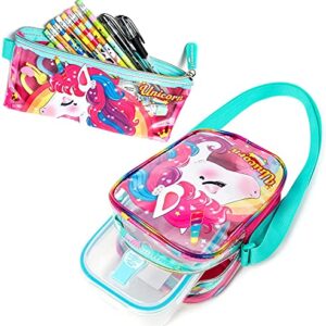 School Kids Unicorn Clear Backpack for Girls Heavy Duty PVC Transparent Backpacks See Through 16" Preschool Bag with Crossbody Bag Toddlers Kindergarten Travel Bag Red