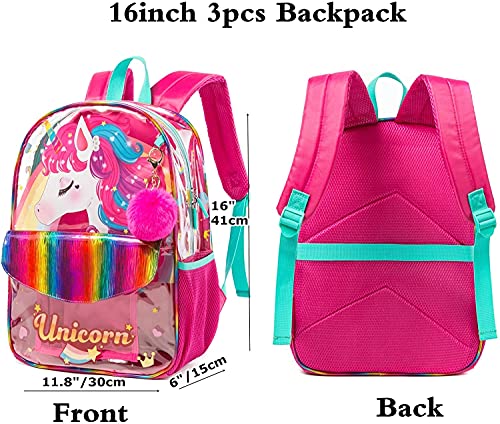 School Kids Unicorn Clear Backpack for Girls Heavy Duty PVC Transparent Backpacks See Through 16" Preschool Bag with Crossbody Bag Toddlers Kindergarten Travel Bag Red