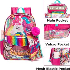 School Kids Unicorn Clear Backpack for Girls Heavy Duty PVC Transparent Backpacks See Through 16" Preschool Bag with Crossbody Bag Toddlers Kindergarten Travel Bag Red