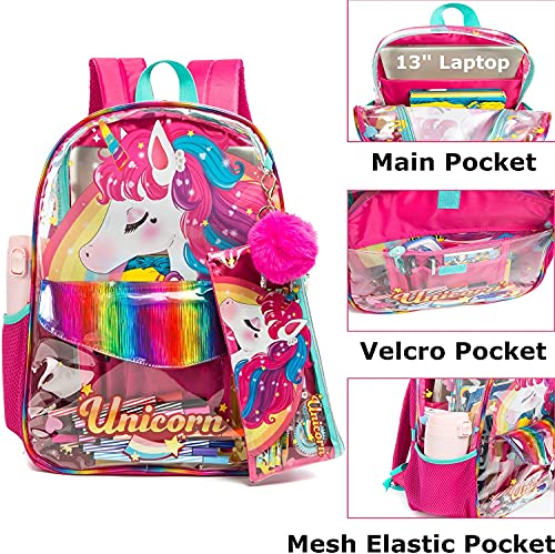 School Kids Unicorn Clear Backpack for Girls Heavy Duty PVC Transparent Backpacks See Through 16" Preschool Bag with Crossbody Bag Toddlers Kindergarten Travel Bag Red